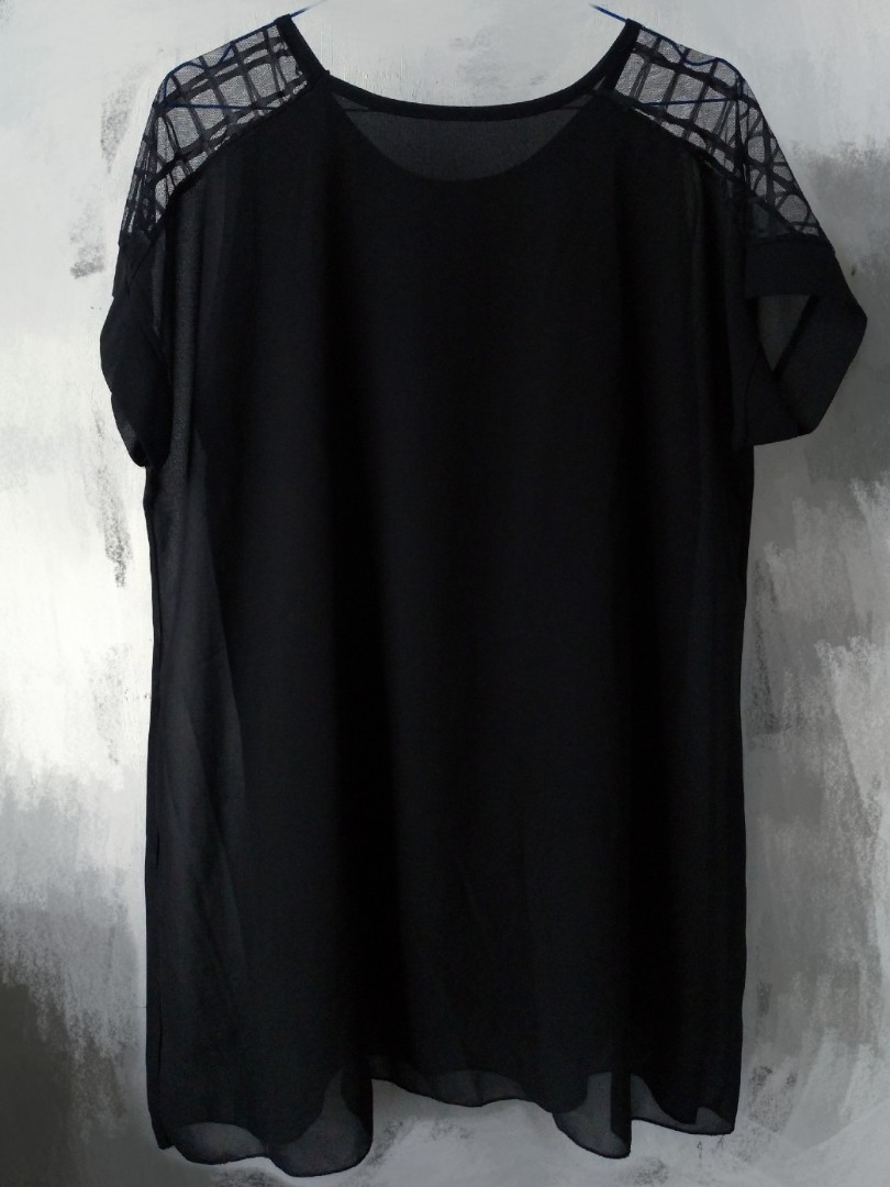 Plus Size Black See-Through Grid Long Top Short Dress, Women's Fashion ...