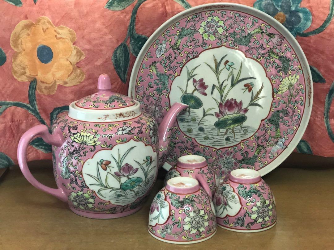 Vintage Porcelain Tea Set, Nonya Nyonya Peranakan style 娘惹瓷器 茶壺茶杯 ...