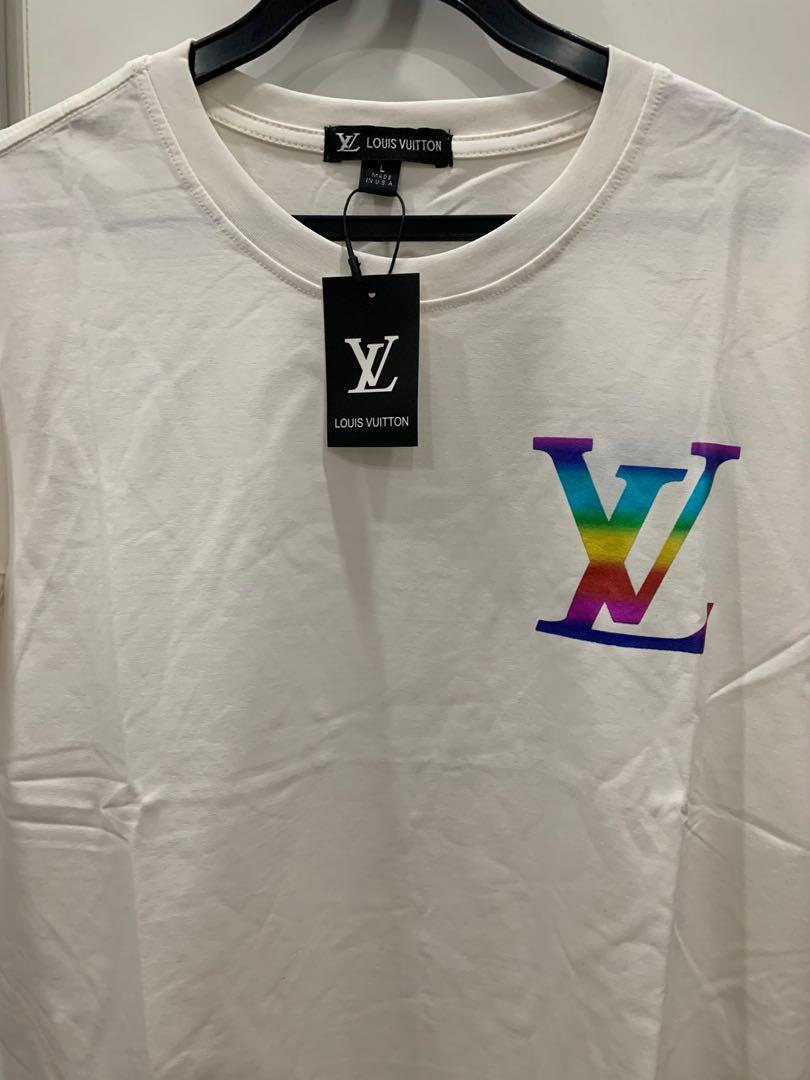 LV rainbow reflective front & back wordings Tee (white), Men's Fashion ...