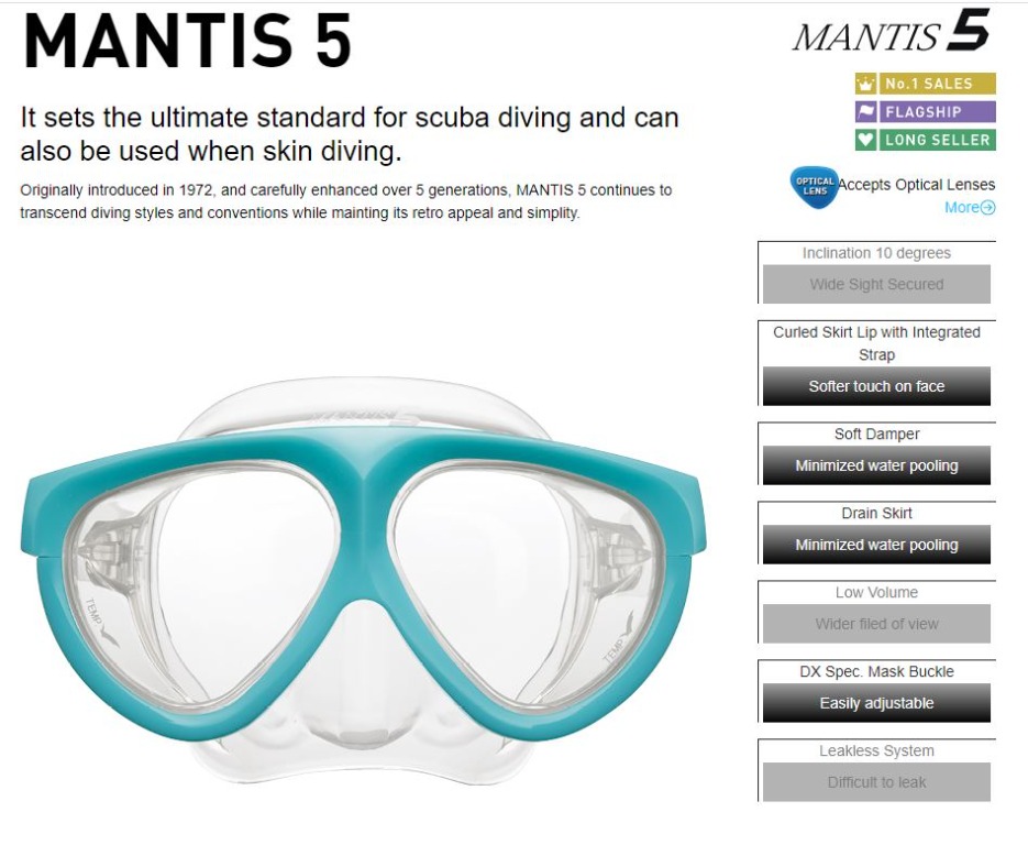 Gull Mantis 5 Diving Mask (Accepts Optical Lenses) 全新 行貨 潛水面鏡（可另配近視鏡片 ...