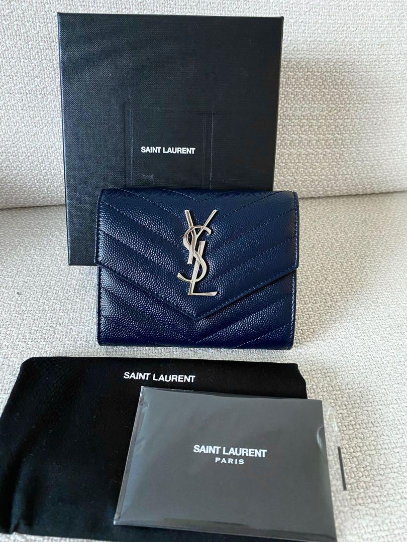 YSL Saint Laurent Deep Marine Blue Leather Compact Tri Fold Wallet 100% ...