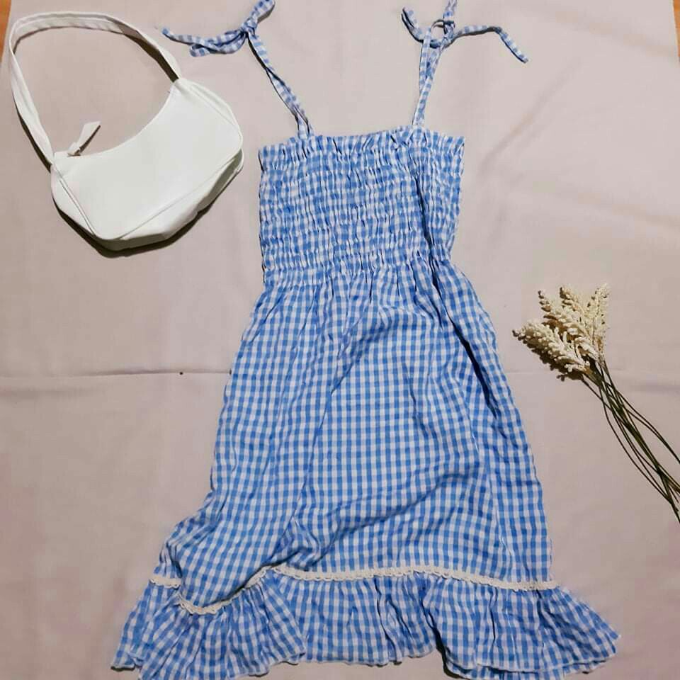 light blue tube string dress gingham checkered, Women's Fashion ...