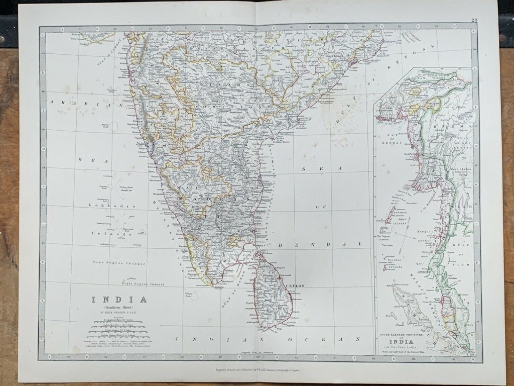 1880 South India Burma Malaya Singapore Hand Coloured Antique Map By ...