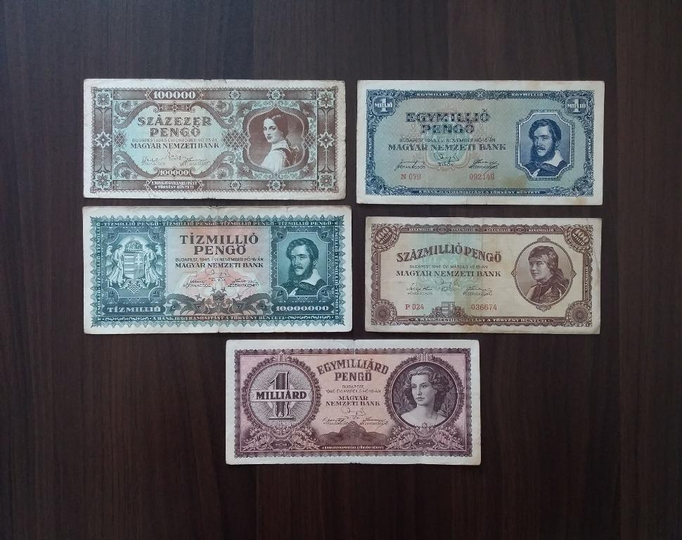 Hungary (1945-46) Set of 5 hyperinflation banknotes, Hobbies & Toys ...