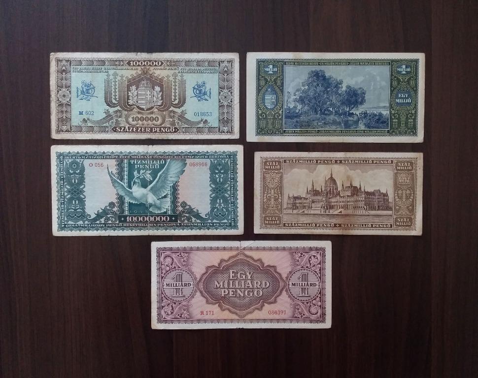 Hungary (1945-46) Set of 5 hyperinflation banknotes, Hobbies & Toys ...