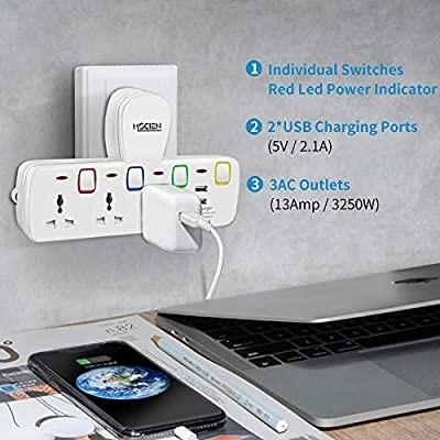 Mscien 3 Way Plug Extension with USB Individually Switched Multi Plug ...
