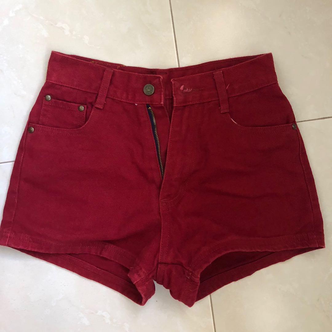 maroon high waisted denim shorts (from korea), Women's Fashion, Bottoms ...