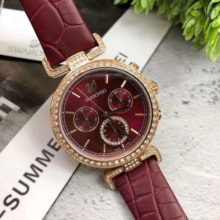 Swarovski Era Journey Watch Leather Strap Dark Red Rose-Gold Tone PVD ...