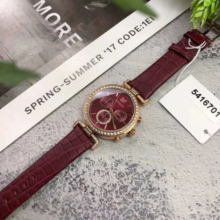 Swarovski Era Journey Watch Leather Strap Dark Red Rose-Gold Tone PVD ...