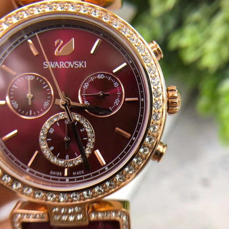 Swarovski Era Journey Watch Leather Strap Dark Red Rose-Gold Tone PVD ...