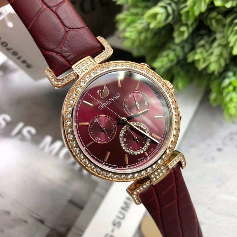 Swarovski Era Journey Watch Leather Strap Dark Red Rose-Gold Tone PVD ...