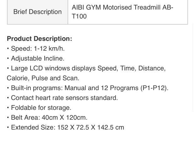 AIBI Gym Motorised Threadmill AB-T100, Sports Equipment, Exercise ...
