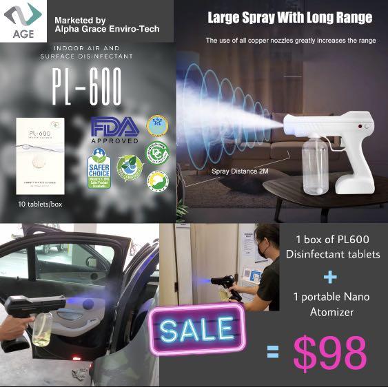 PL600 Disinfectant tablets with nano Atomizer spray gun (chlorine ...