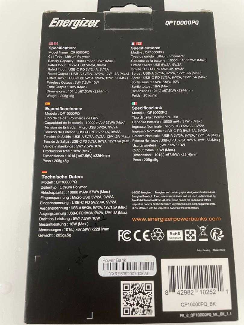 Energizer power bank QP10000PQ Qi 18W wireless fast charge PD QC ...