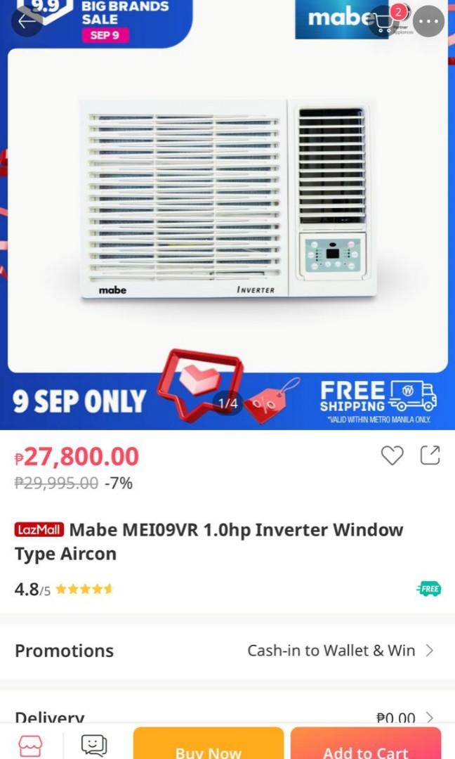 MABE 1.0hp Inverter Window Type Aircon, TV & Home Appliances, Air ...