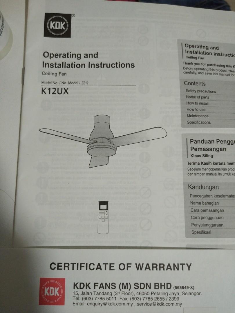 KDK Ceiling Fan with 3-colour light & r/c, Furniture & Home Living ...