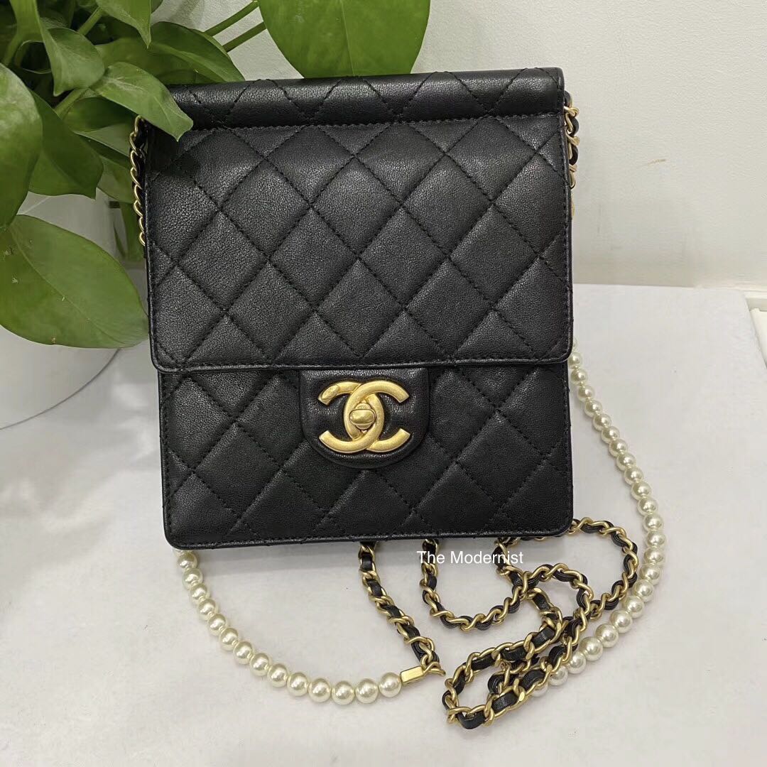 Authentic Chanel Pearl Chain Strap Vertical Flap Bag Black, Luxury ...