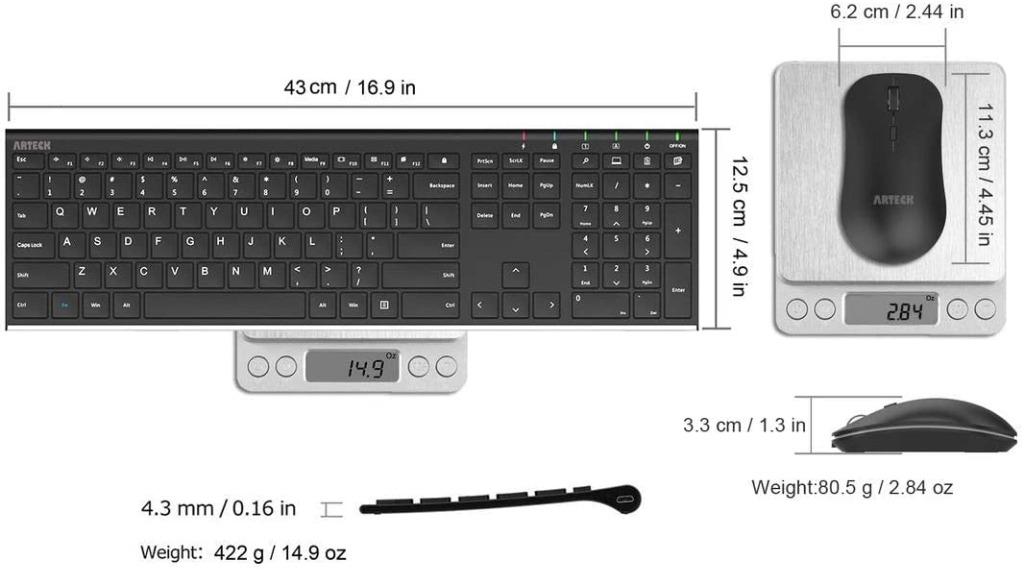 Arteck 2.4G Wireless Keyboard and Mouse Combo Stainless Steel Ultra ...