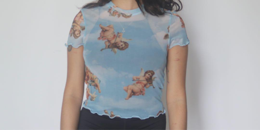 Bershka cherub angel sheer mesh top, Women's Fashion, Tops, Sleeveless ...