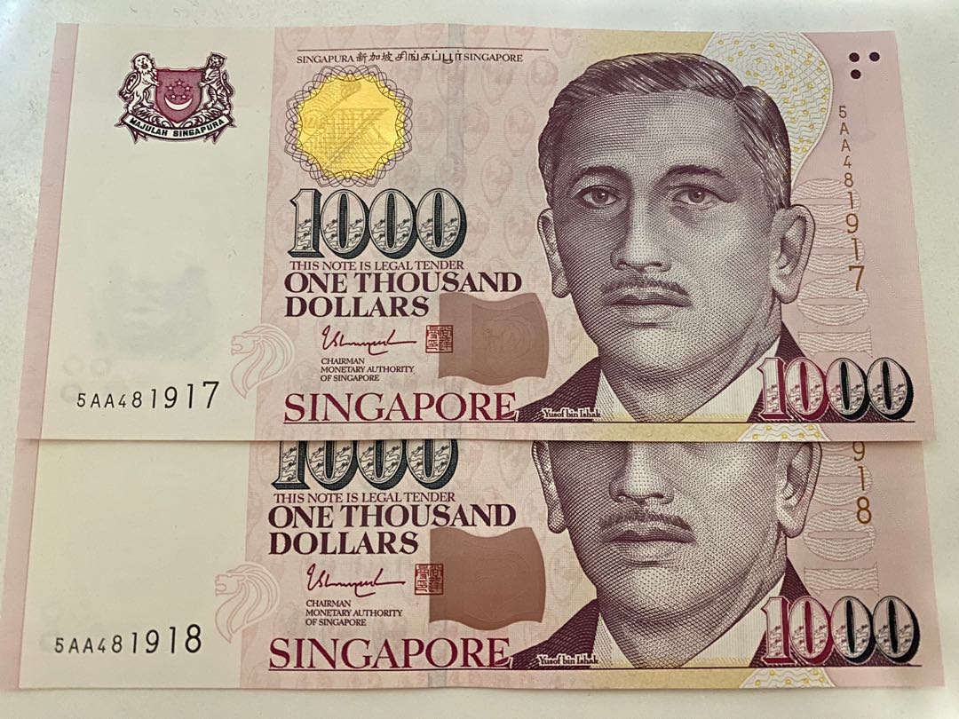 Singapore New 1000 Note x2, Hobbies & Toys, Memorabilia & Collectibles ...