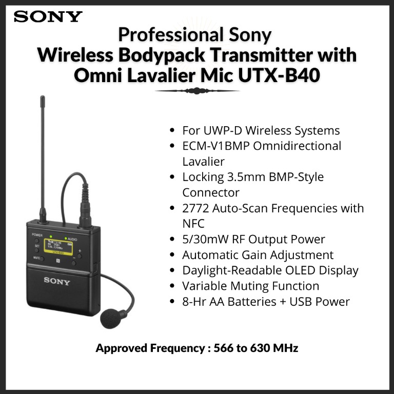 Sony UTX-B40 Wireless Bodypack Transmitter with Omni Lavalier Mic with ...
