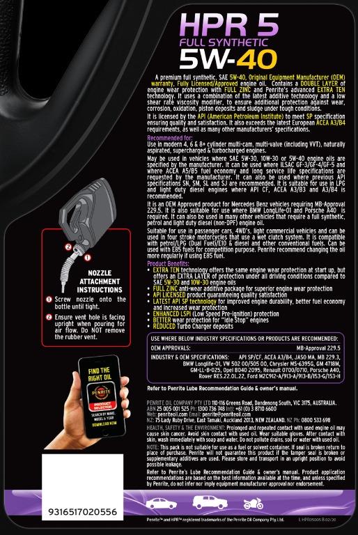 Fully Synthetic Engine Oil Penrite HPR 5 Full Synthetic 5W40 (1 Liters 5W-40) Minyak Enjin, Auto ...