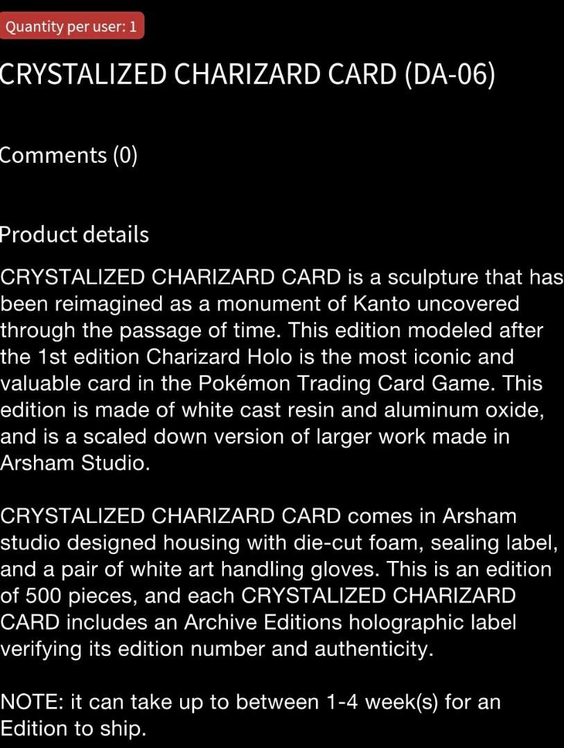 Pokemon Crystalized charizard card by daniel arsham, Hobbies & Toys ...