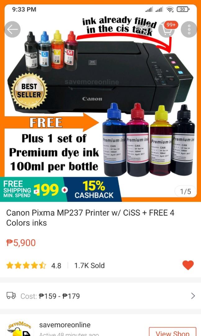 Canon Pixma mp237 continuous ink (CISS), Computers & Tech, Printers ...