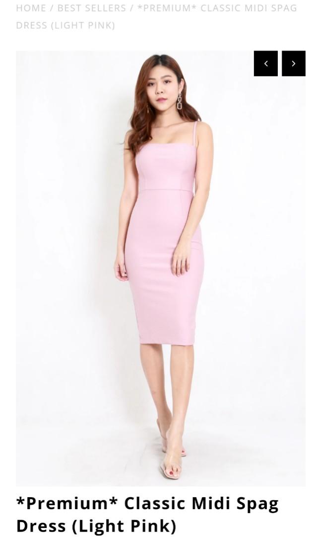 *Premium* Classic Midi Spag Dress (Light Pink), Women's Fashion ...