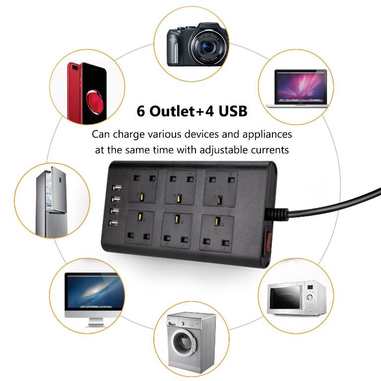 Extension Socket - 6 Plugs and 4 USBs - 13A - Heavy Duty, TV & Home ...