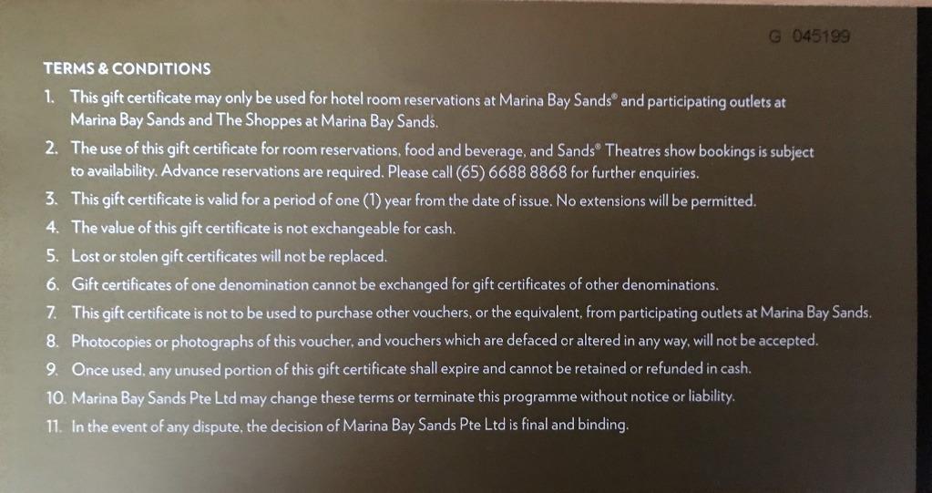 Marina Bay Sands (MBS) Voucher Gift Certificate $150 worth, Tickets ...