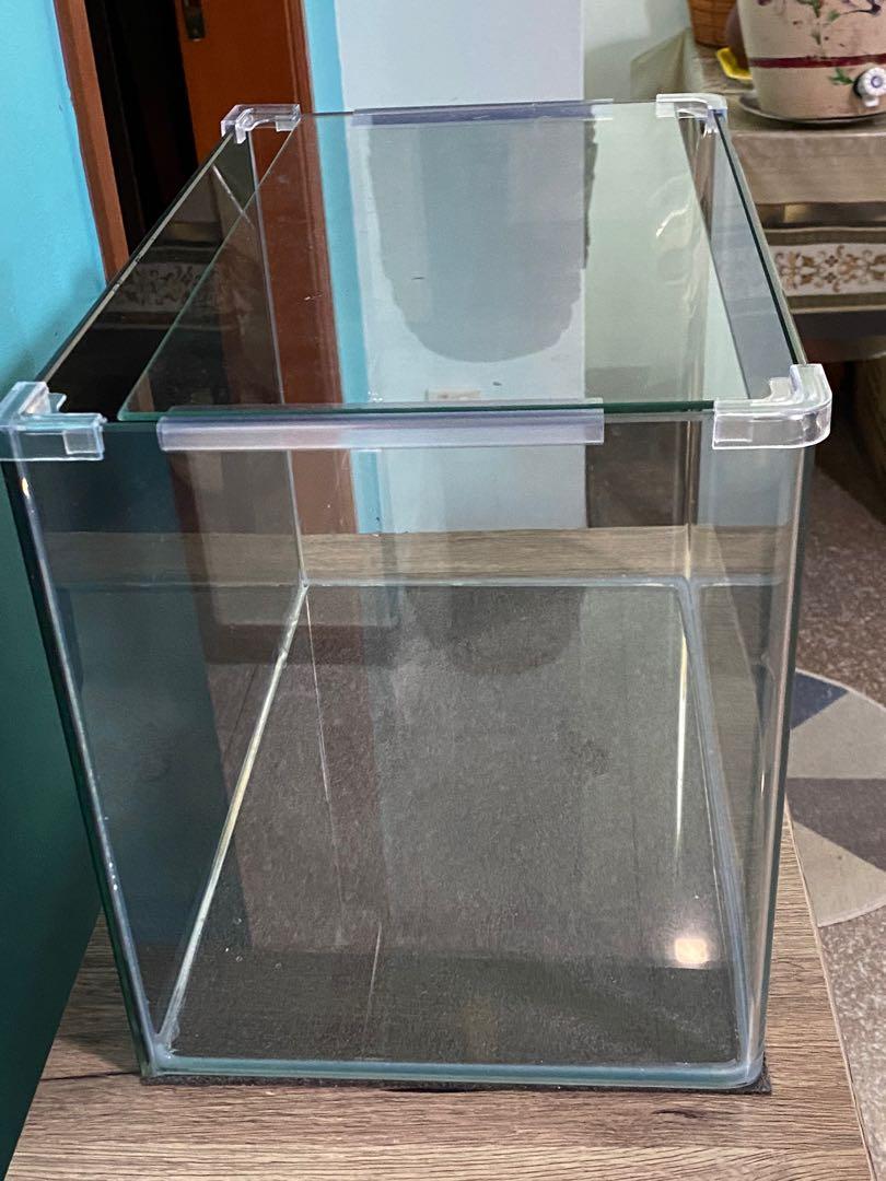 Curved glass aquarium with glass lid , mat and black background, Pet ...