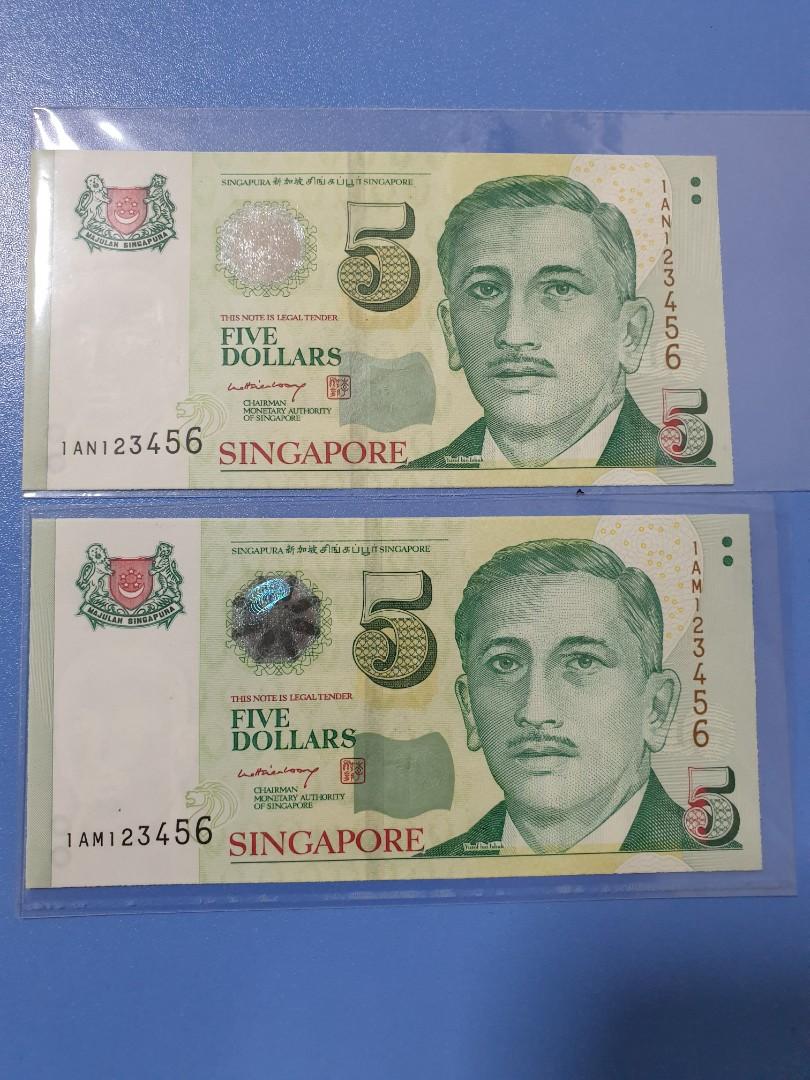 123456 Twin Lucky Number Twin LHL Signature 2 Singapore $5 notes UNC ...