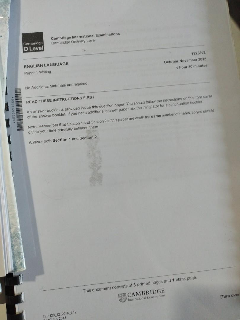 Cambridge igcse o level English paper 1 writing past year papers ...