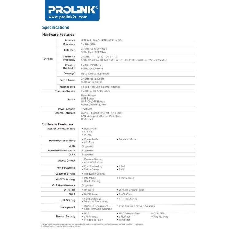 PROLiNK PRC2401U Wireless AC2600 Dual-Band Gigabit Router, Computers ...