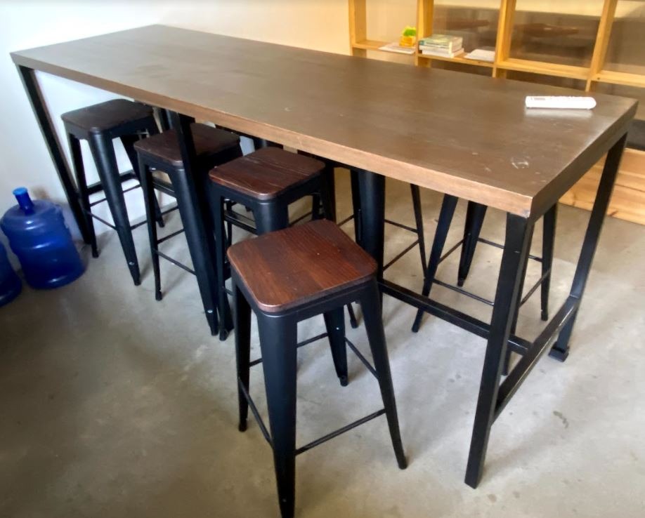 Bar Table + 8 Metal Bar Stool with Elmwood Seat (8 - seater), Furniture ...