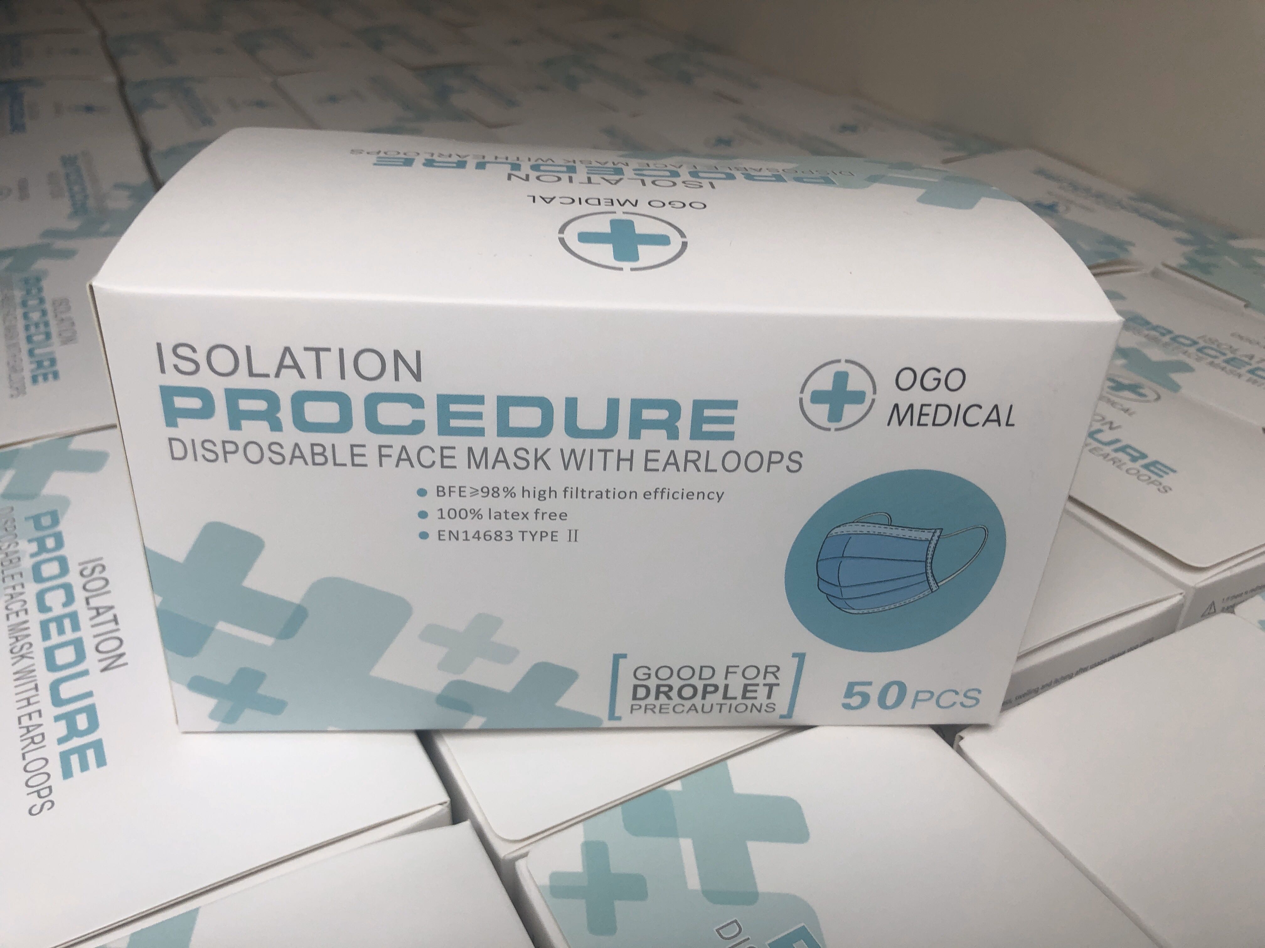 OGO Medical 香港總代理 現貨口罩 厚既 三層 藍色 EN14683 type 2 bfe>98% , 其他, 其他 - Carousell