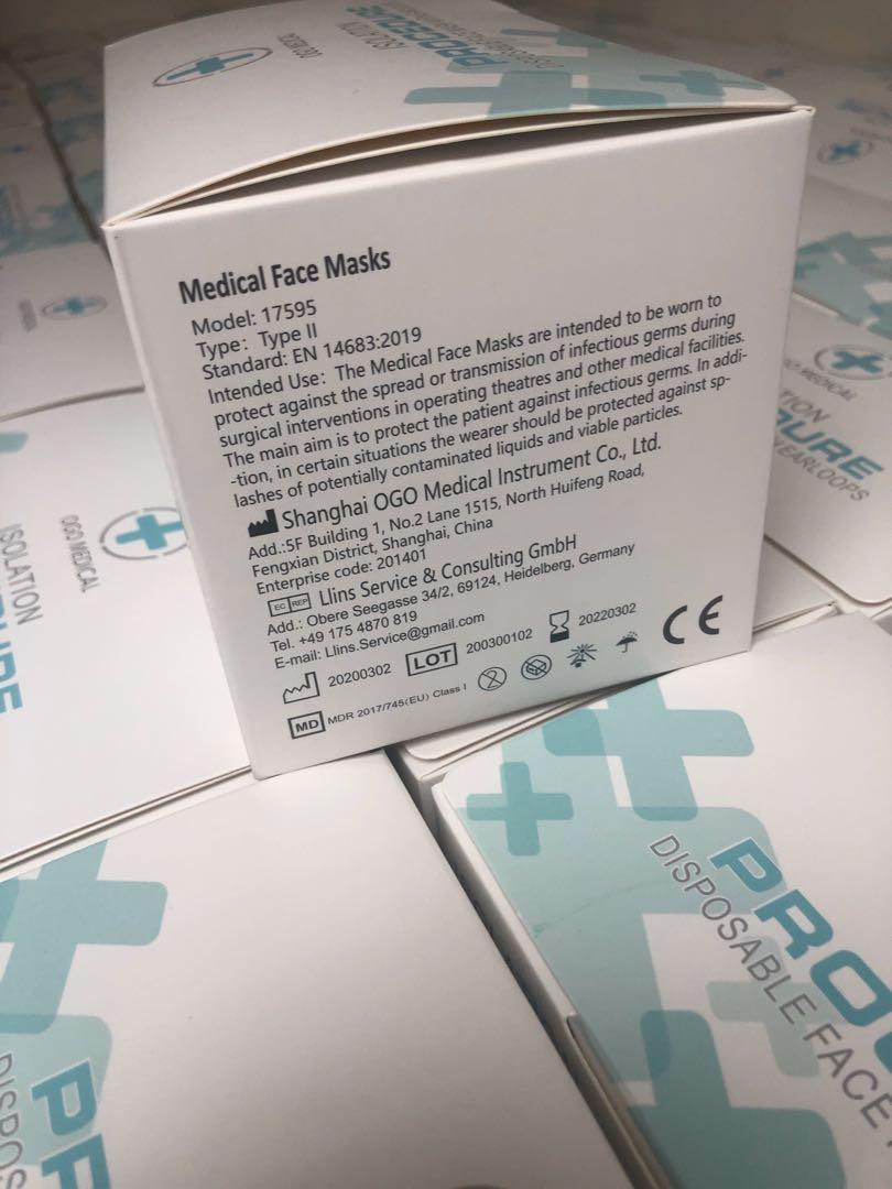 OGO Medical 香港總代理 現貨口罩 厚既 三層 藍色 EN14683 type 2 bfe>98% , 其他, 其他 - Carousell