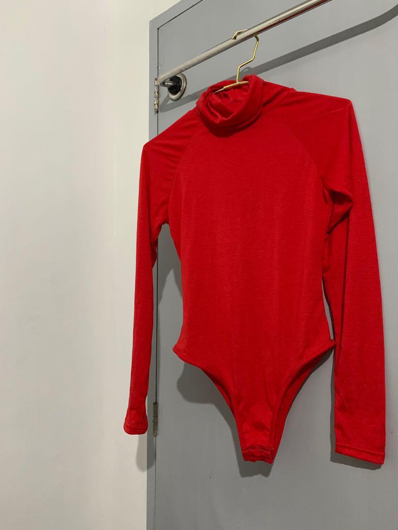 Red long sleeves one piece, Women's Fashion, Tops, Longsleeves on Carousell
