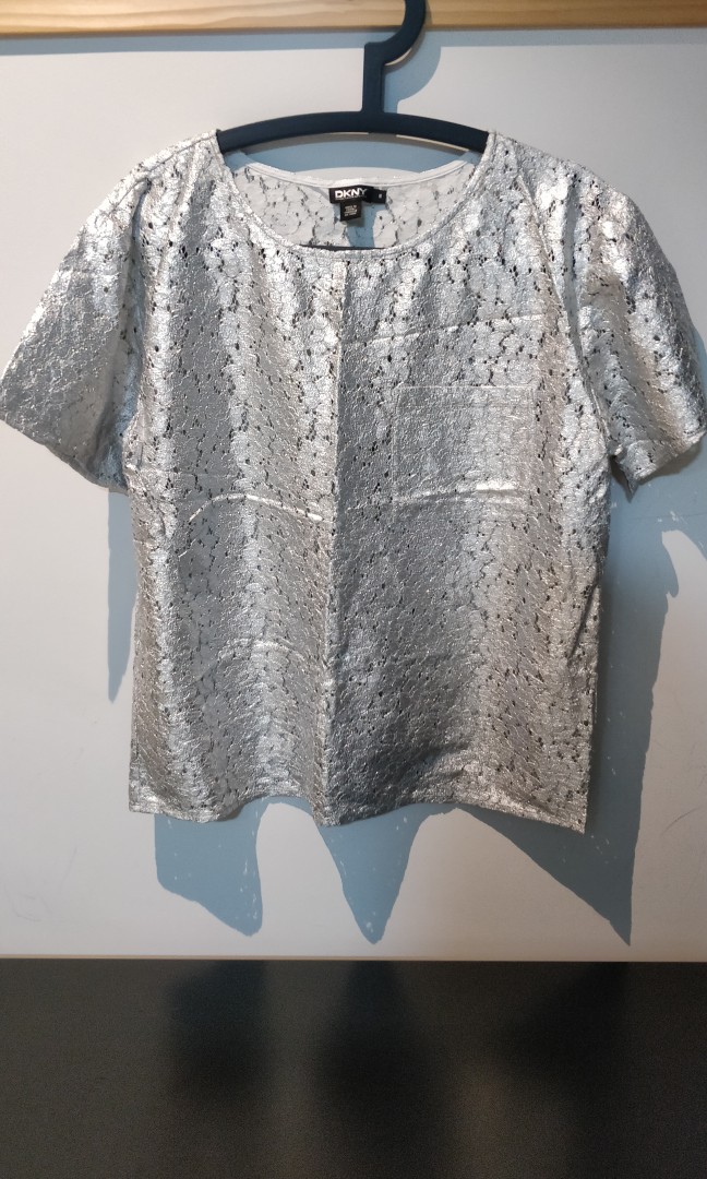 DKNY Metallic Silver Lace Top, Women's Fashion, Tops, Blouses on Carousell