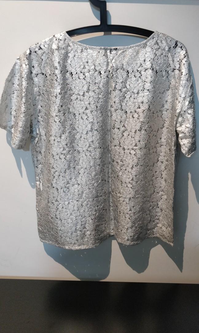 DKNY Metallic Silver Lace Top, Women's Fashion, Tops, Blouses on Carousell