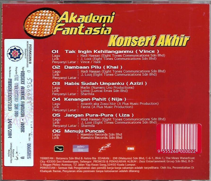 Konsert Akhir Akademi Fantasia Musim 1 Tahun 2003 VCD Vince / Khai / Azizi / Nija / Liza ...