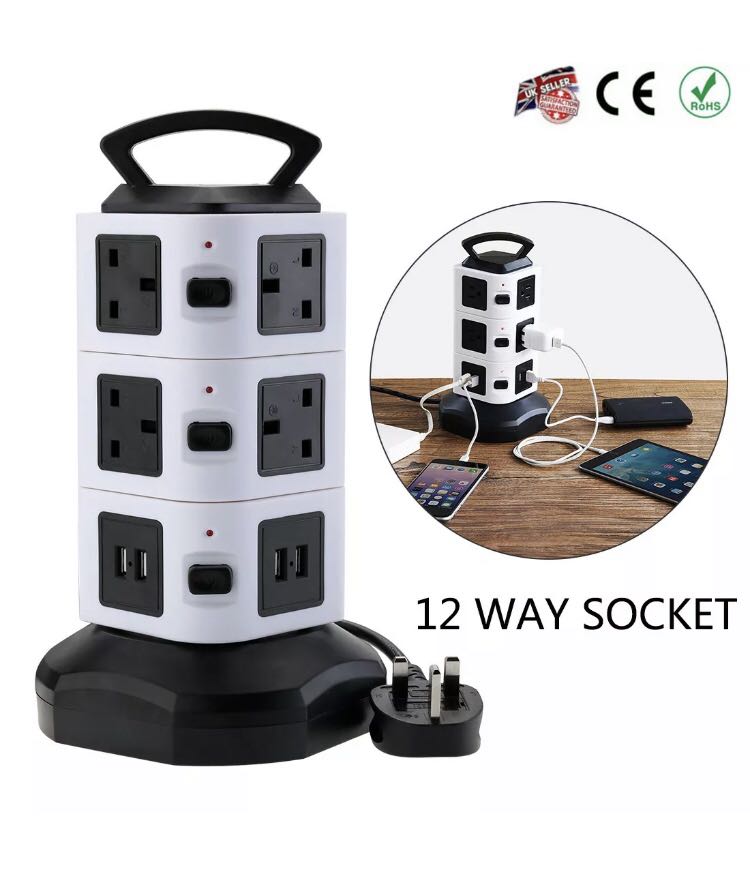Extension Lead Vertical Power Strip Tower Multi Plug USB Socket Surge Protector, Electronics ...