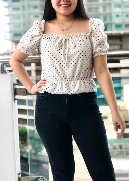 Lisa Polkadots Top White, Women's Fashion, Tops, Blouses on Carousell