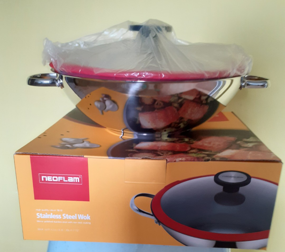 Neoflam 30cm Stainless Steel Wok with Cover, Furniture & Home Living ...