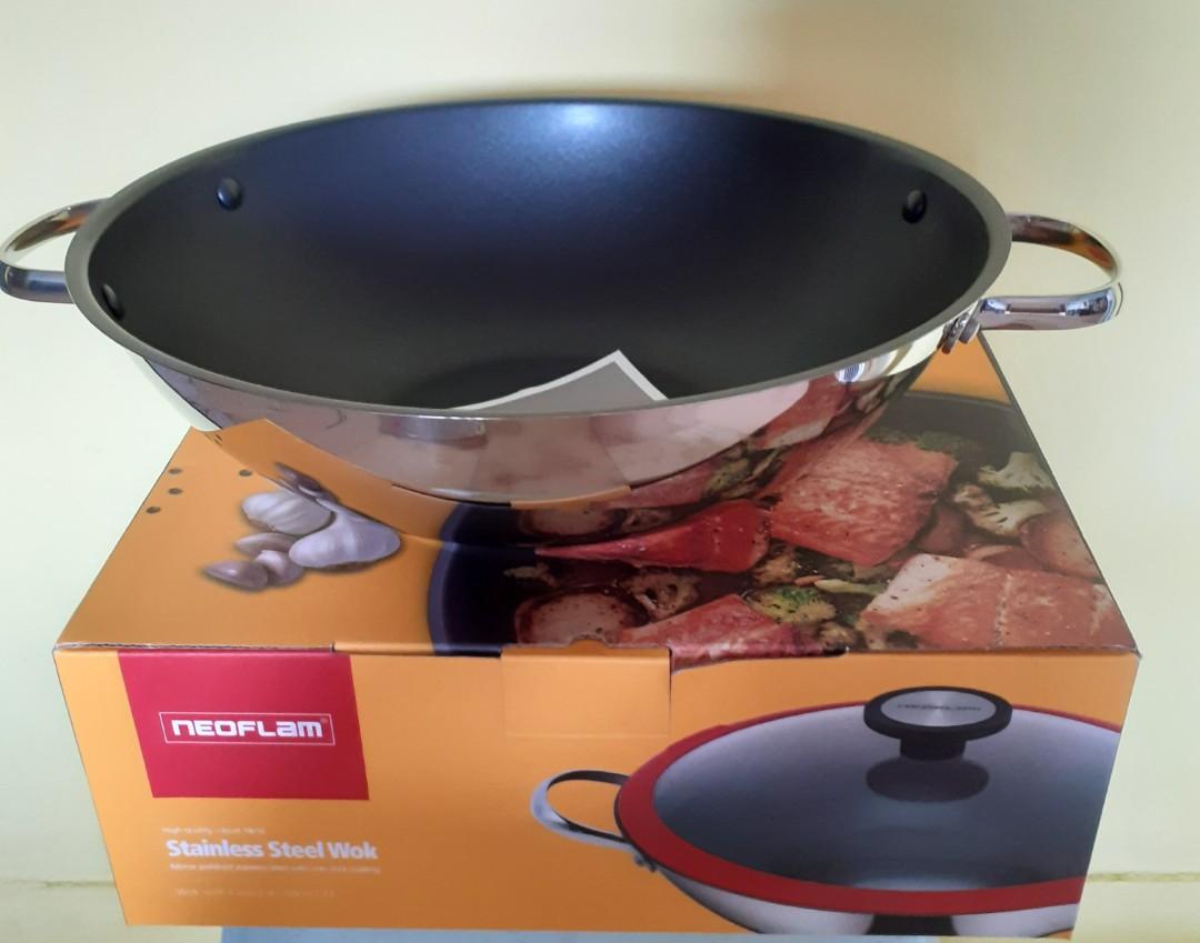 Neoflam 30cm Stainless Steel Wok with Cover, Furniture & Home Living ...