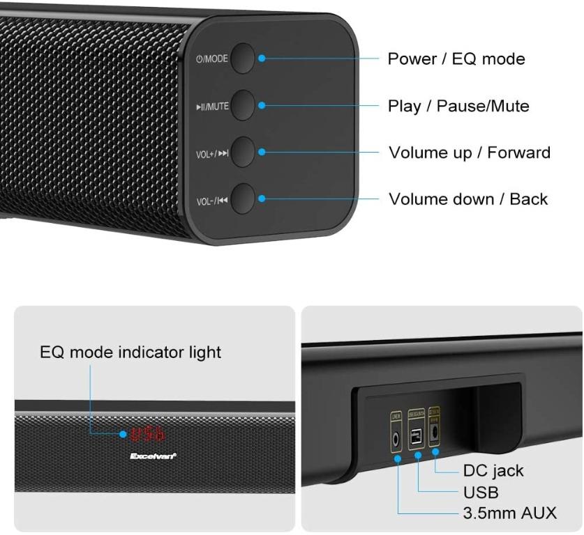 E3604 Sound Bar for TV Excelvan Soundbar with Subwoofer TV Speakers 40W ...