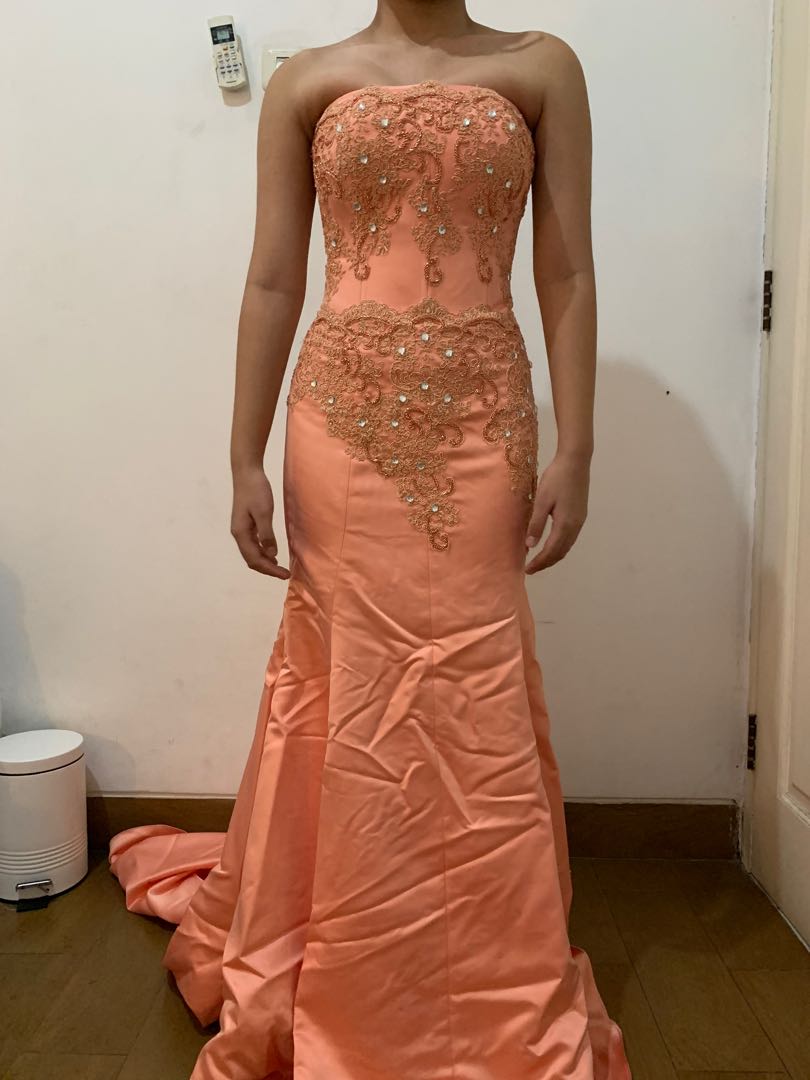 Gaun pesta / prom dress peach salmon, Fesyen Wanita, Pakaian Wanita ...