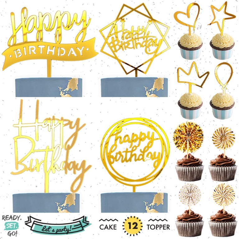 READYSETGO! Happy Birthday Cake Topper 12 Piece Acrylic Cupcake Topper ...