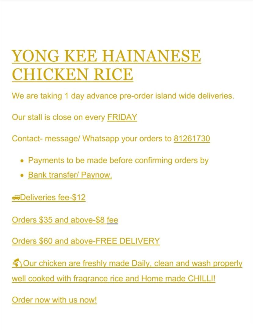 Yong kee hainanese chicken rice islandwide delivery, Food & Drinks ...